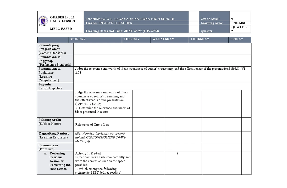 MELC Daily Lesson Log for English 9 - Week 1 Q4 - Studocu