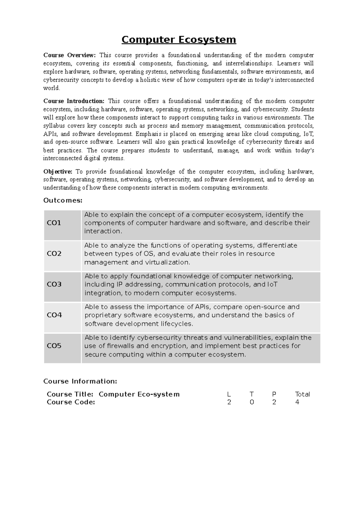 Computer Ecosystem Course Overview (L 2 T 0 P 2) - Studocu
