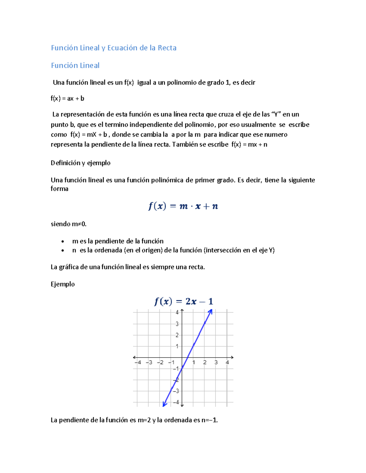 Función Lineal y Ecuación de la Recta: Definiciones y Ejemplos - Studocu