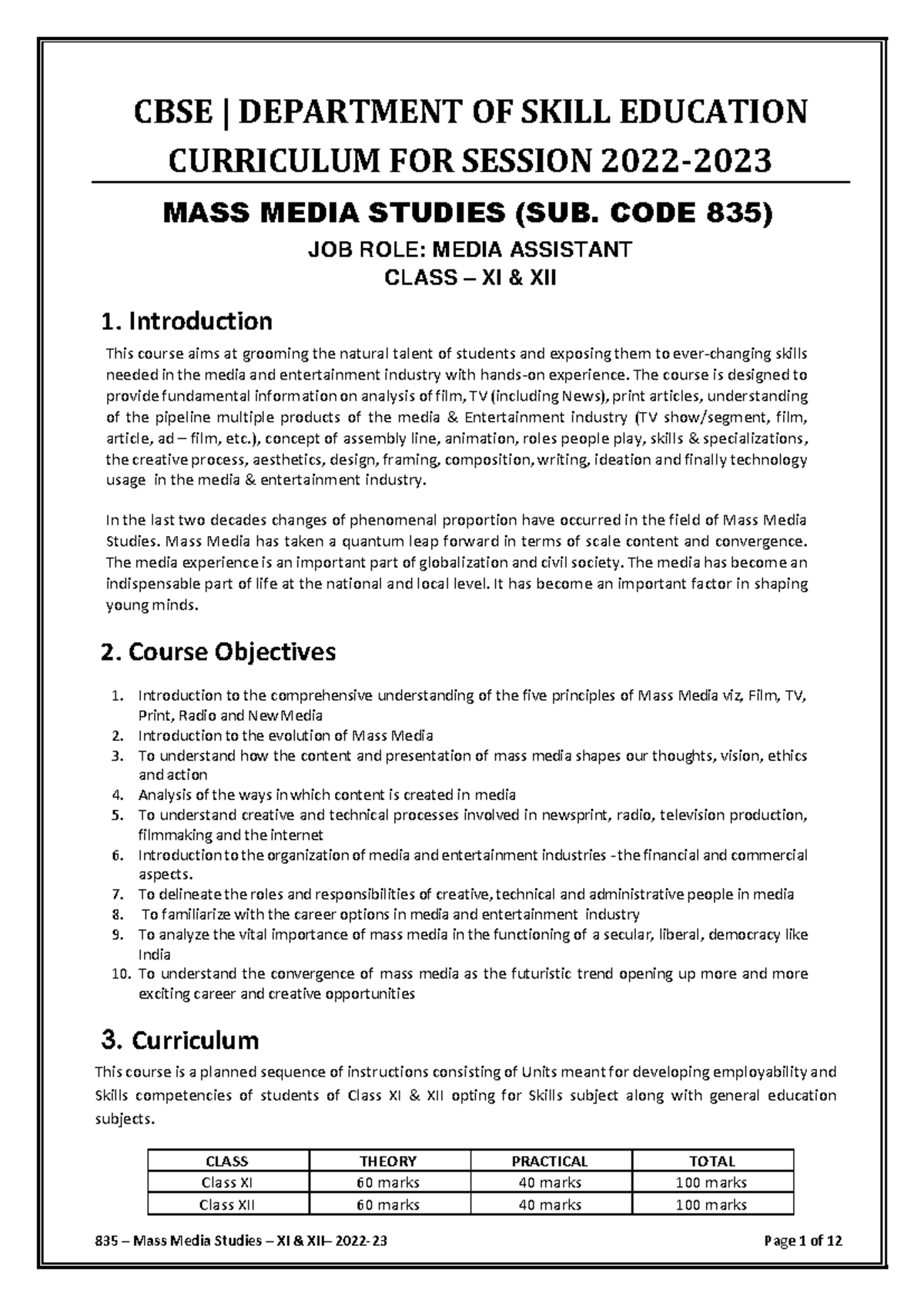 835 Mass Media Studies Curriculum for Class XI & XII - Studocu