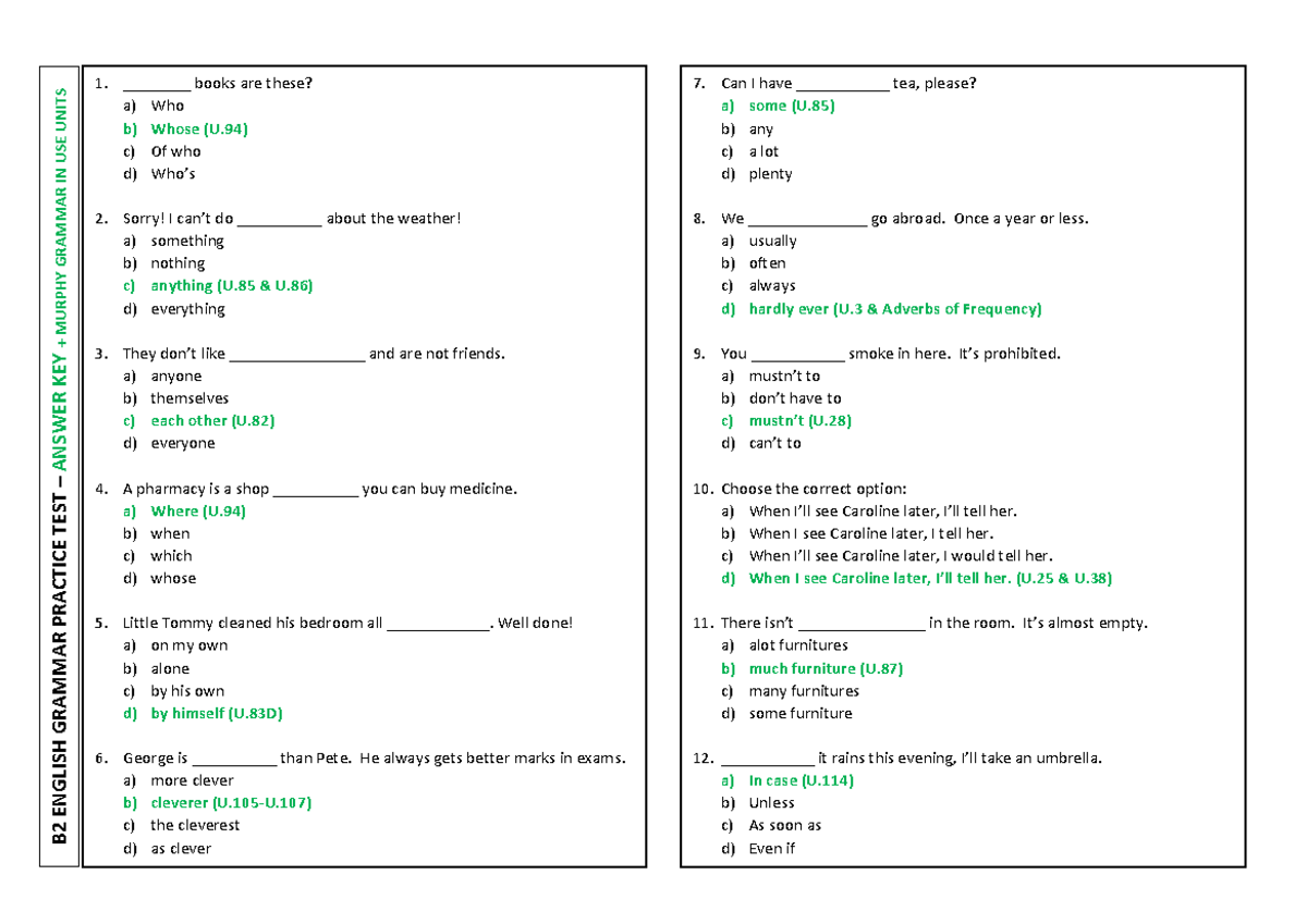 B2 ENGLISH GRAMMAR PRACTICE TEST 2023-2024 ANSWER KEY - Studocu