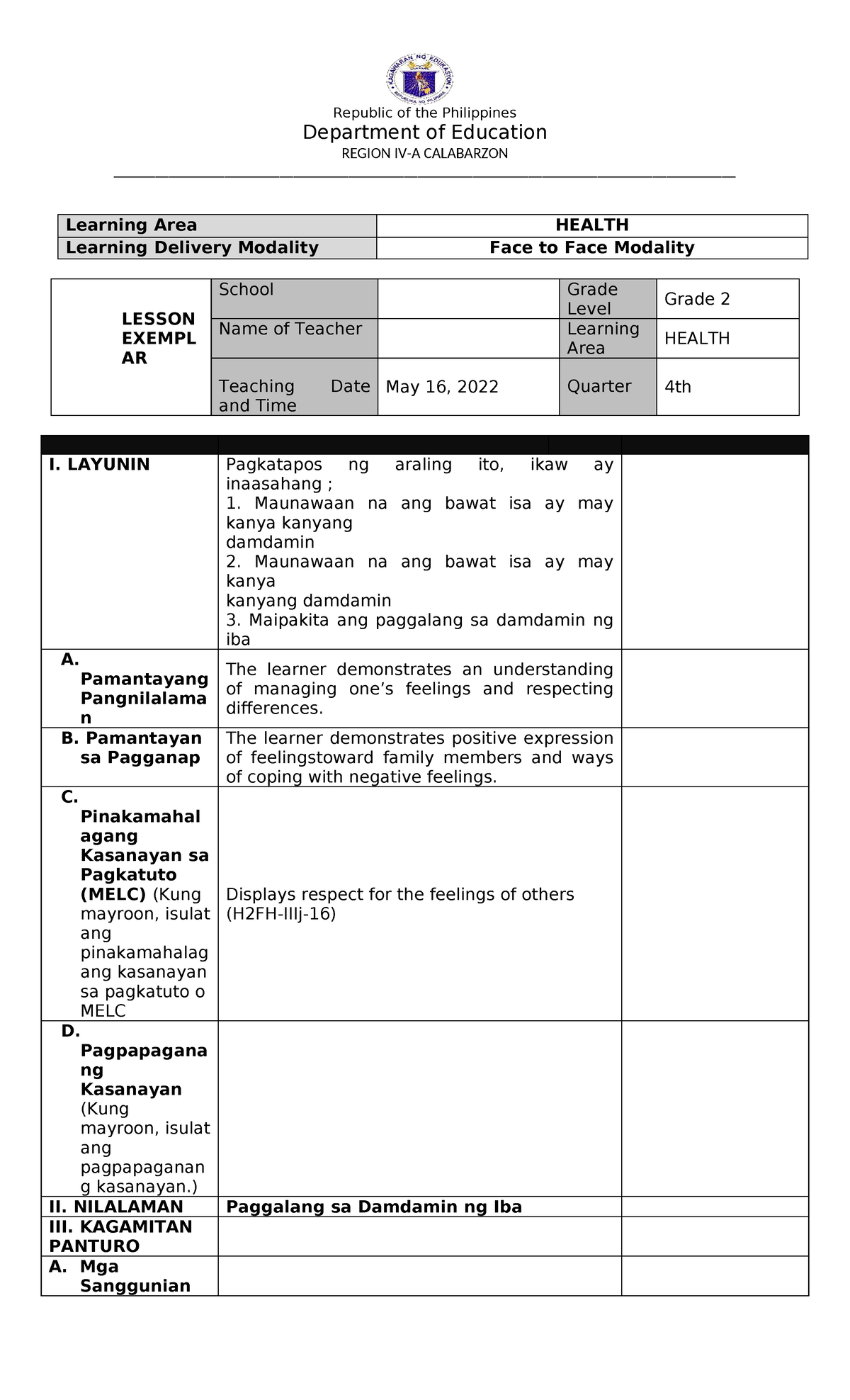HEALTH Lesson Plan: Paggalang sa Damdamin ng Iba (Grade 2) - Studocu
