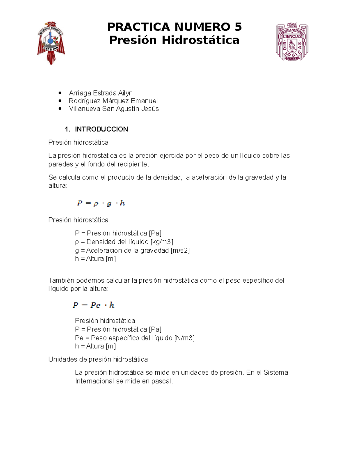 presion hidrostatica - PRACTICA NUMERO 5 Presión Hidrostática Arriaga ...