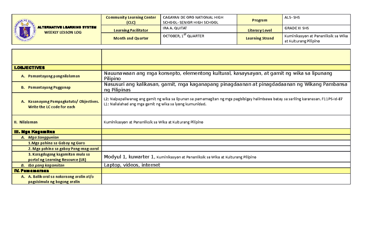 ALS-SHS Week 1 Lesson Plan: Kuminikasyon at Pananliksik sa Wika - Studocu