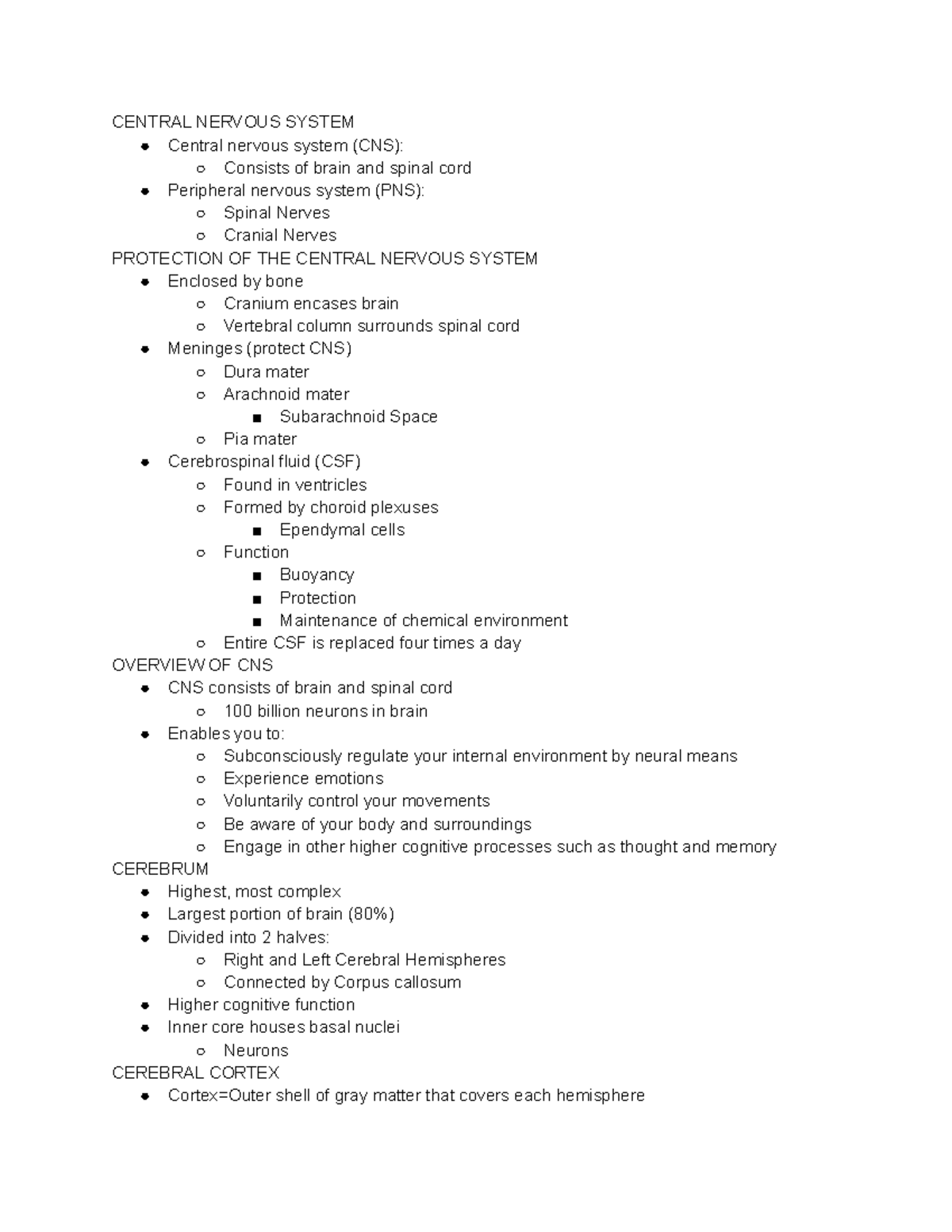 Physiology Unit 2: Overview of CNS Functions and Structures - Studocu