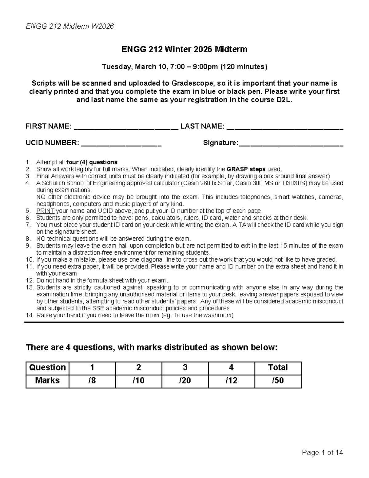 ENGG 212 W2026 Midterm Exam Guidelines and Questions - Studocu