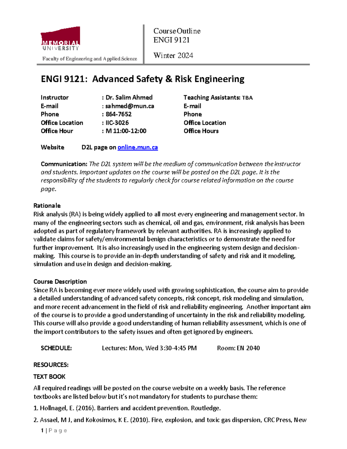ENGI 9121 Course Outline: Advanced Safety Risk Engineering Winter 2024 ...