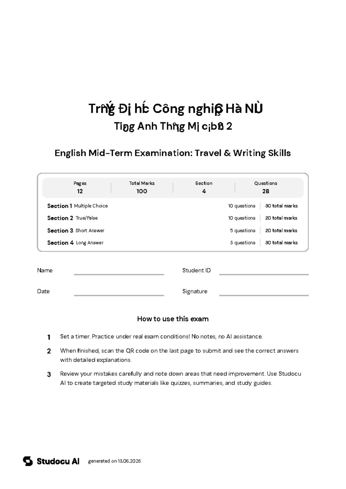 English Mid-Term Exam: Travel & Writing Skills - Studocu