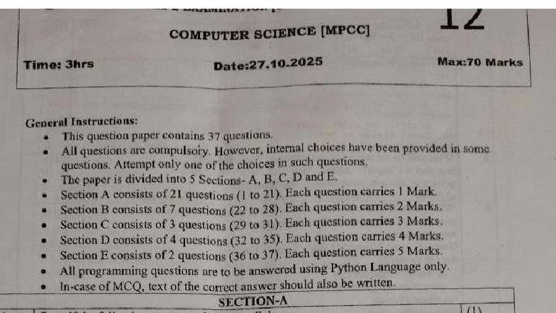 7T COMPUTER SCIENCE Model 2 Question Paper - 3hrs, 70 Marks - Studocu