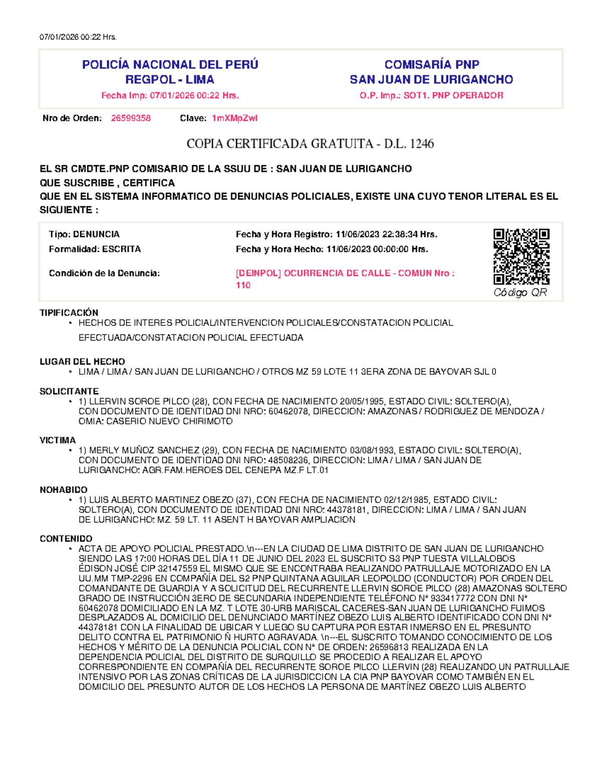 Denuncia Policial N° 26599358 - San Juan de Lurigancho - Studocu