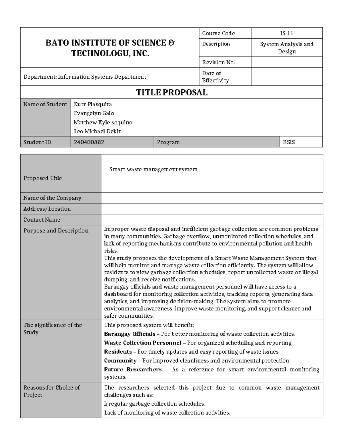 IS 11 Title Proposal: Smart Waste Management System for Efficient ...