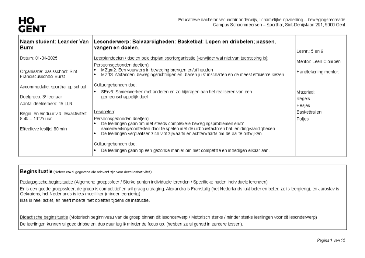 Lesvoorbereiding LO Basketbal 3de Leerjaar: Balvaardigheden Lessen ...