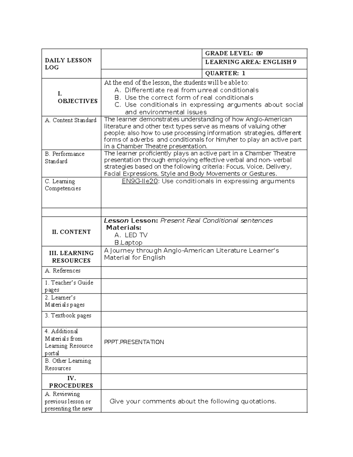 Daily Lesson Log: English 9 - Real Conditionals & Social Issues - Studocu