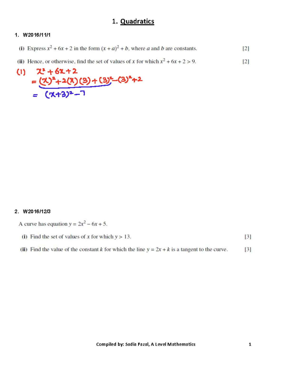 A Level Mathematics: Quadratics - Worksheet Compilation - Studocu