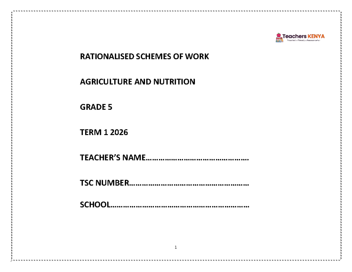 TERM 1 2026 Grade 5 Agriculture & Nutrition Schemes of Work - Studocu