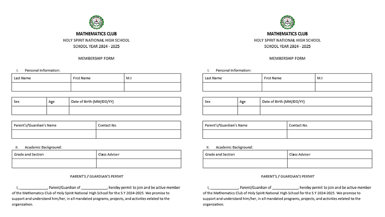 Membership Form for Math Club - Holy Spirit National HS SY 2024-2025 ...