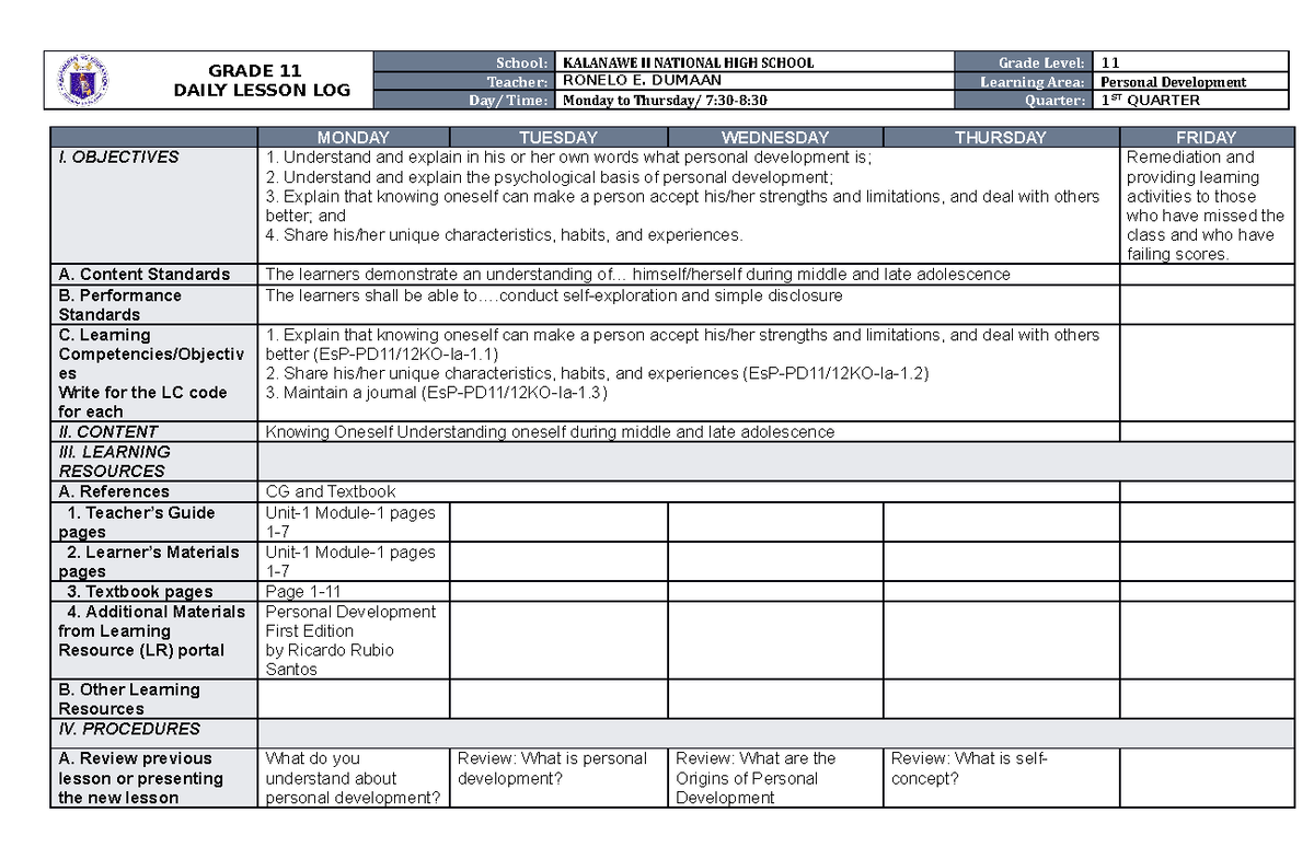 Personal Development Daily Lesson Log - Grade 11 (DLL) - Studocu