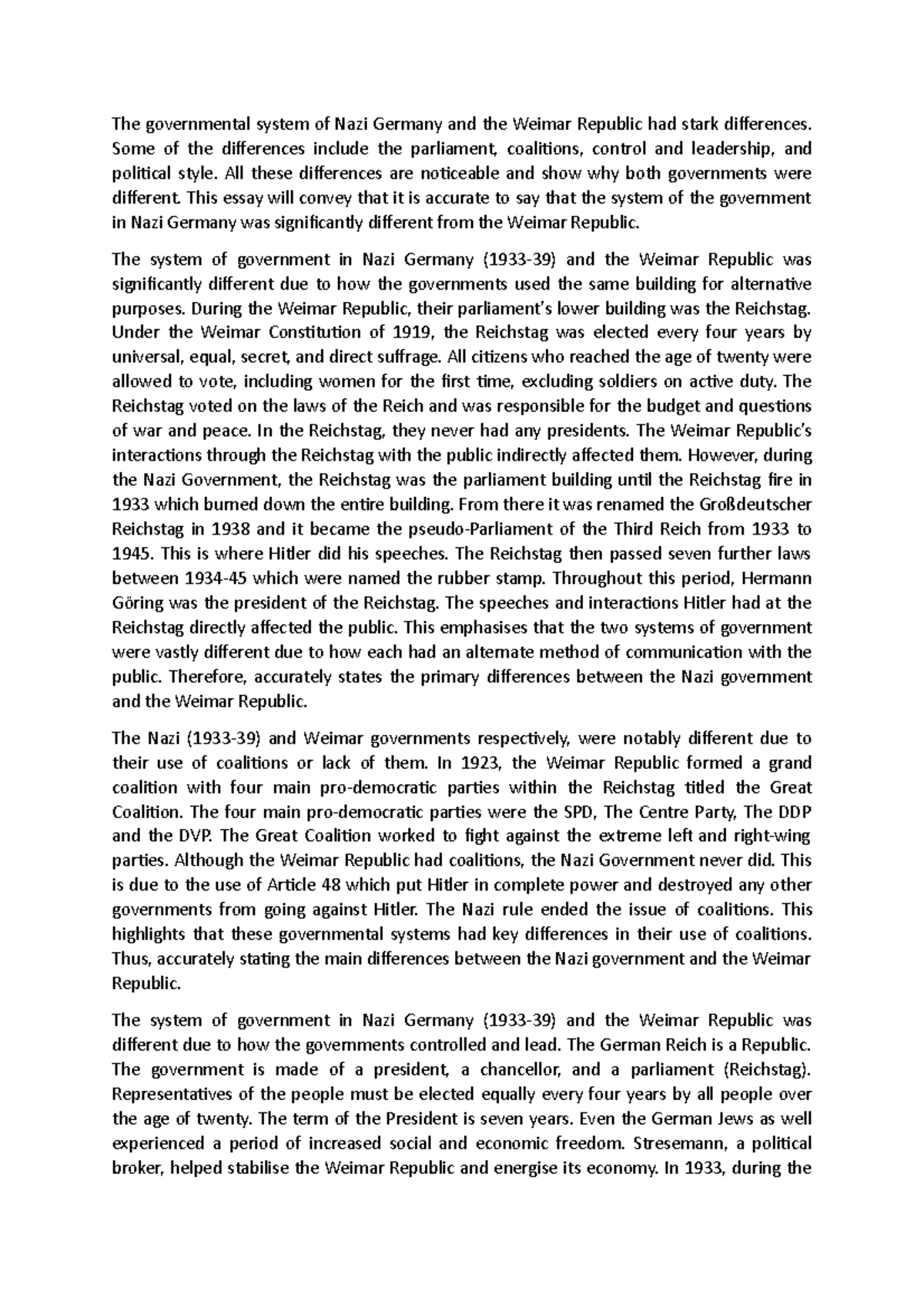 Nazi Germany vs. Weimar Republic: A Comparative Essay (HIST 101) - Studocu