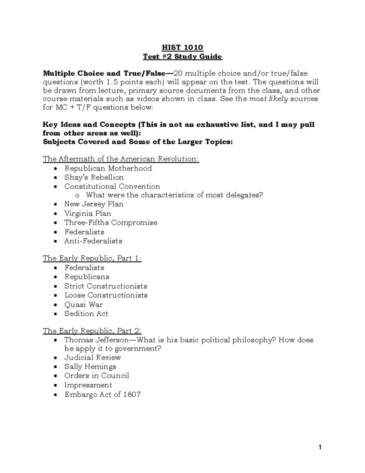 HIST 1010 Test #2 Study Guide Spring 2025 Final-1 - 1 HIST 1010 Test #2 ...