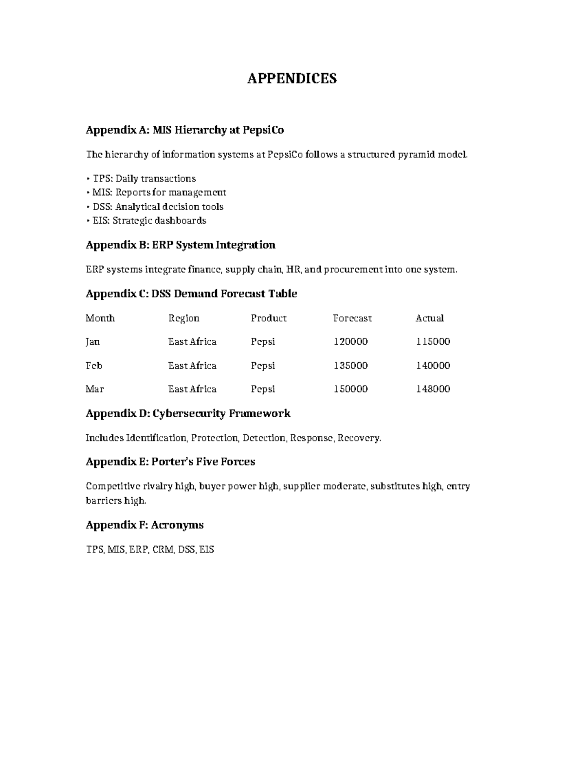 Appendices for PepsiCo Project: MIS, ERP, DSS, and Cybersecurity - Studocu