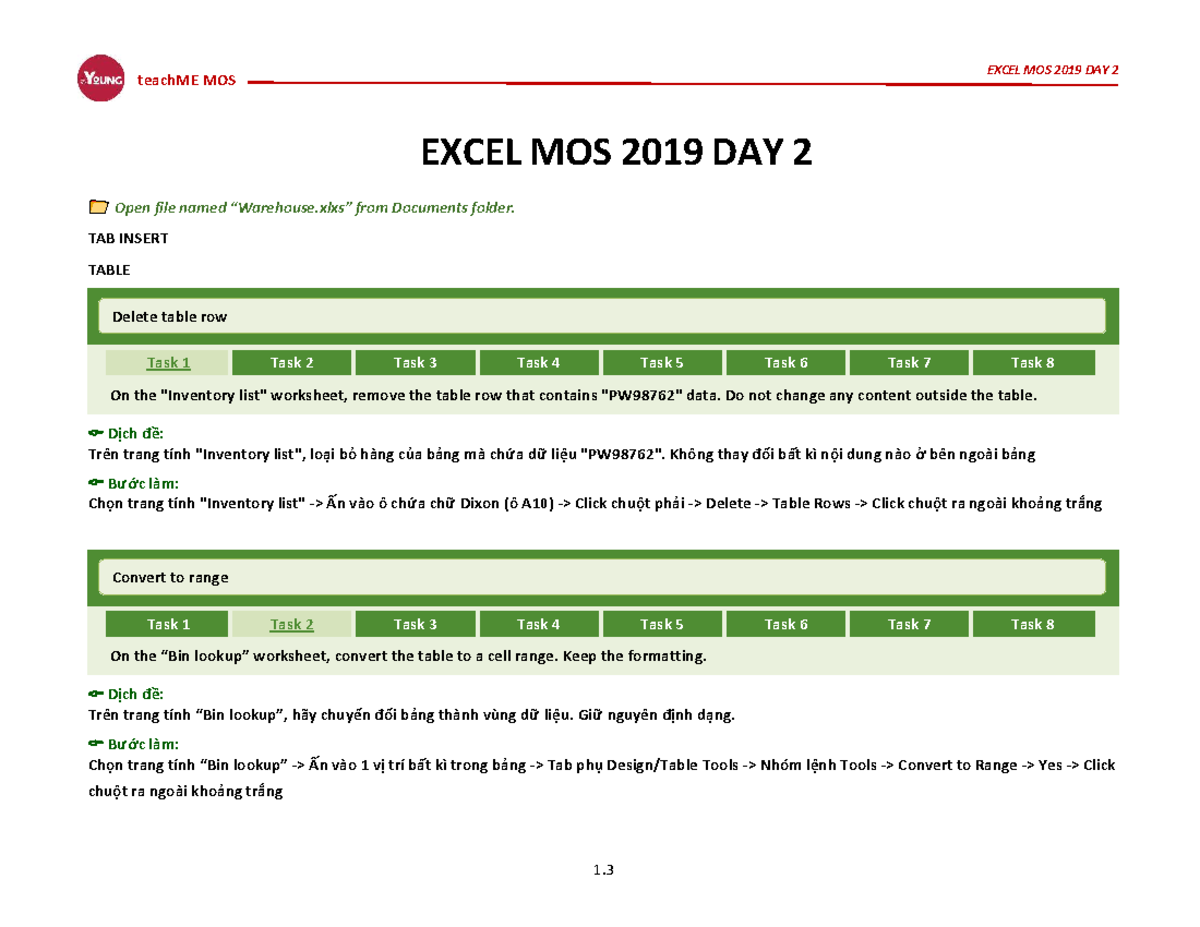EXCEL MOS 2019 DAY 2 - TeachME MOS Excel Tasks and Instructions - Studocu