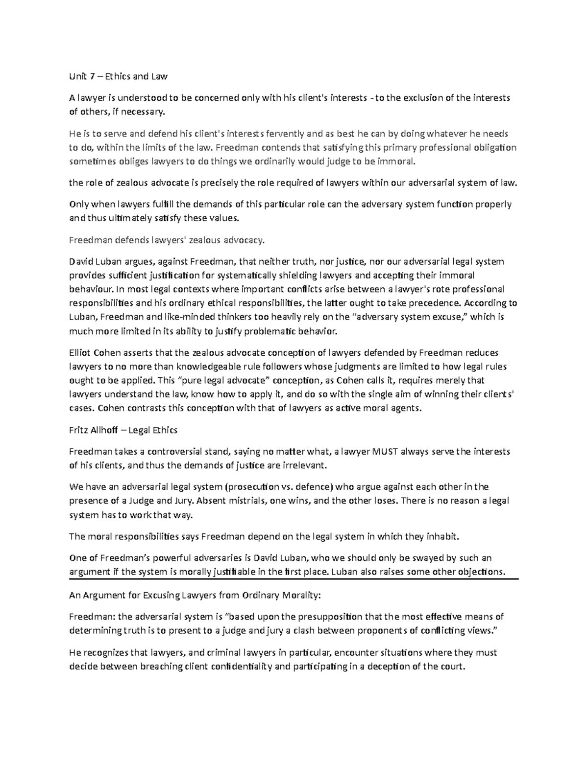 Unit 7 - Unit 7 lecture notes. - Unit 7 – Ethics and Law A lawyer is ...