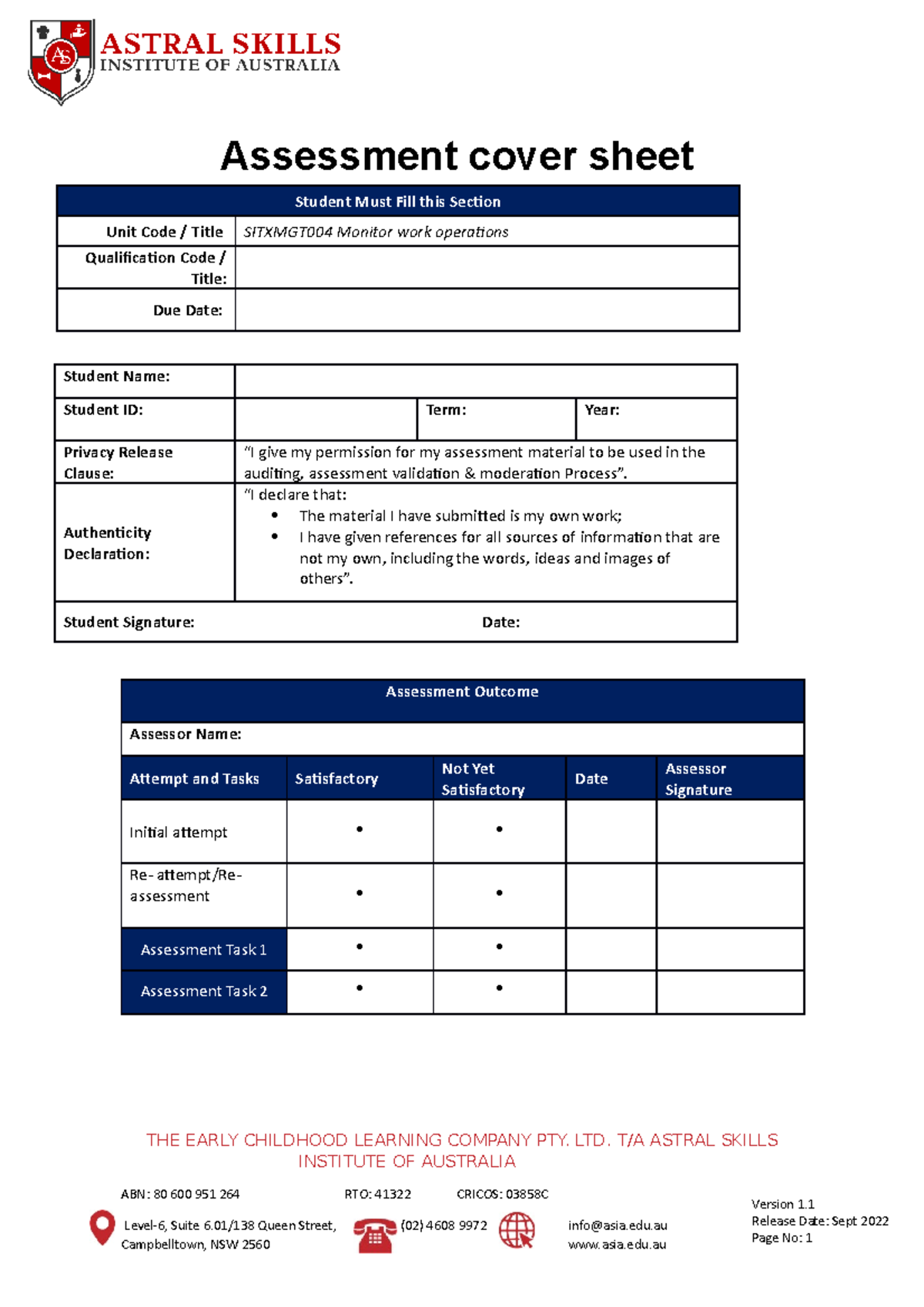 SITXMGT004 Student Assessment Tasks: Monitoring Work Operations - Studocu