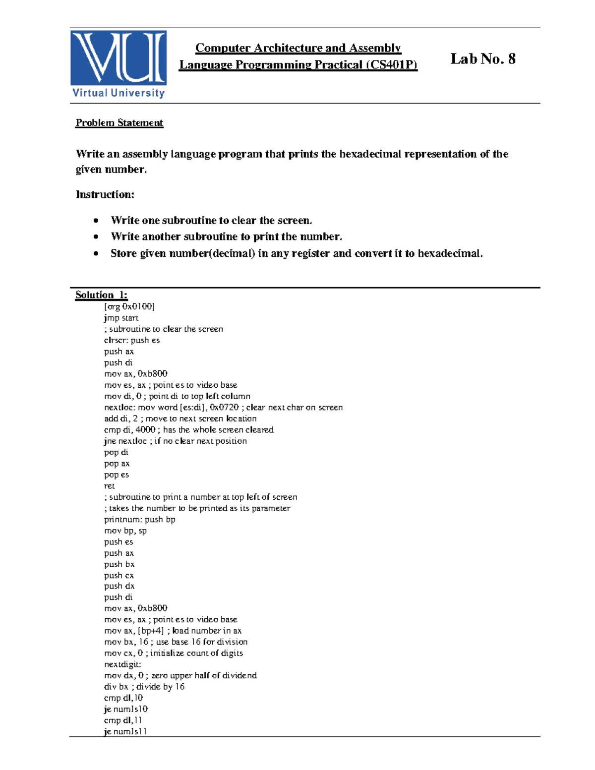 Lab No. 8 Assembly Language Program for Hexadecimal Conversion (CS401P) - Studocu