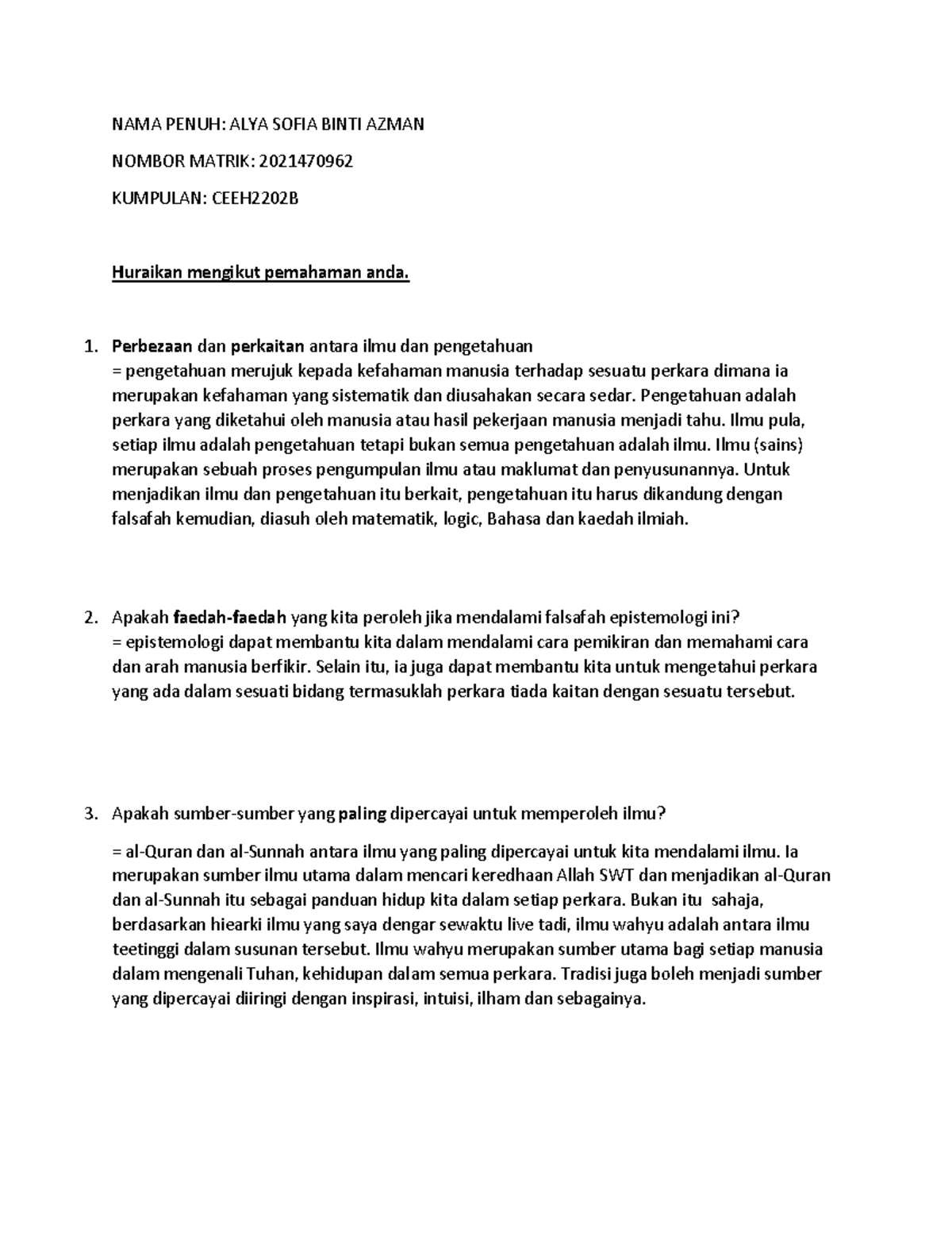 Latihan Minggu 9 ( Epistemologi Bahagian 2) Alyasofiaazman - NAMA PENUH ...