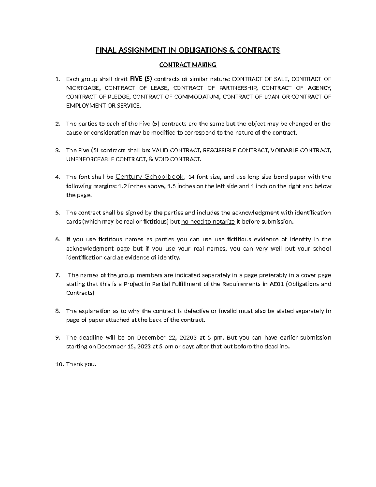 Final Assignment in AE01: Drafting Five Contracts in Obligations - Studocu