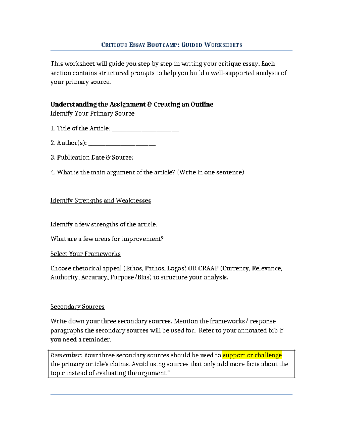 CRITIQUE ESSAY WORKSHOP: GUIDED WORKSHEETS & TIPS - Studocu