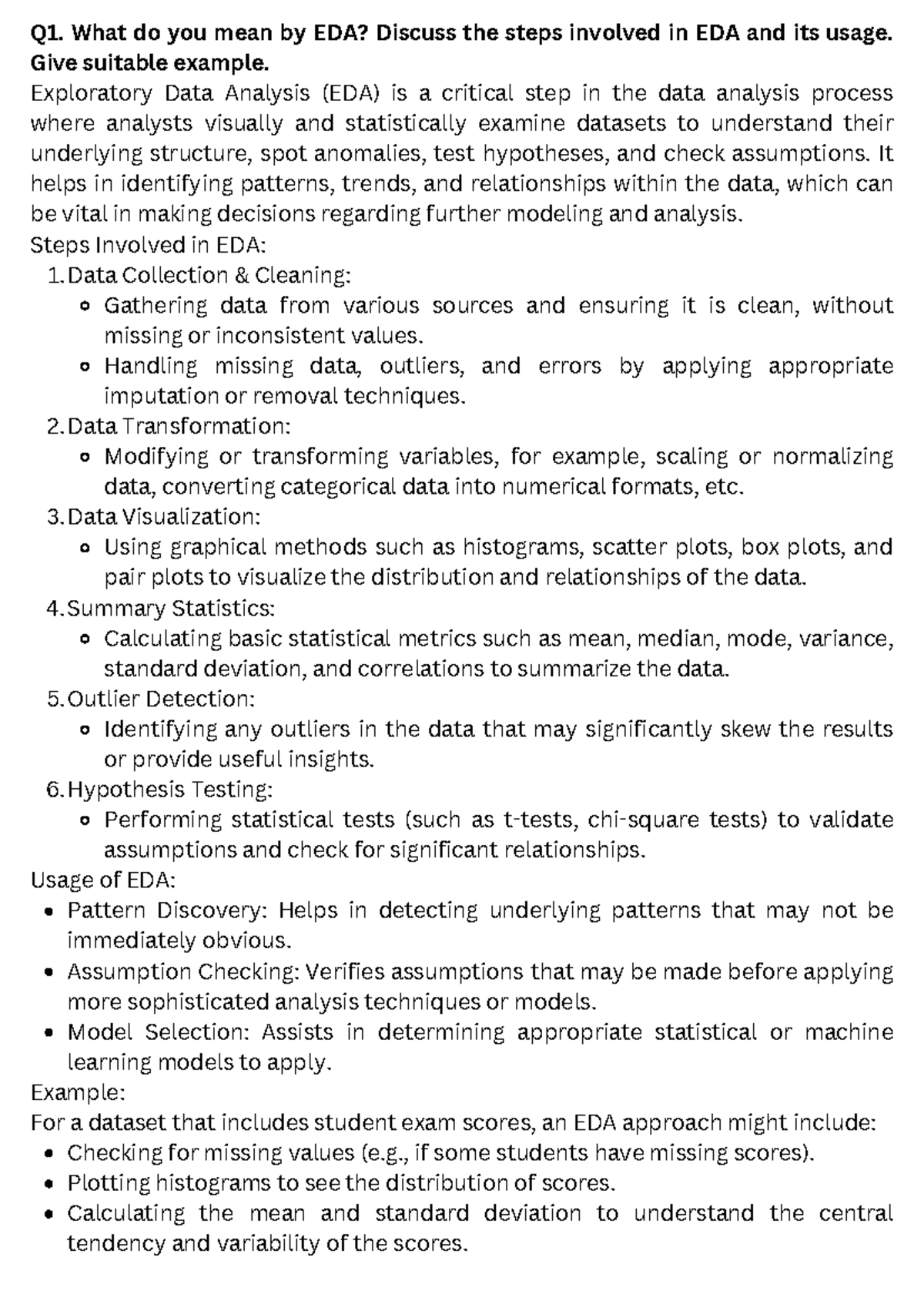 Minor ppr - Q1. What do you mean by EDA? Discuss the steps involved in ...