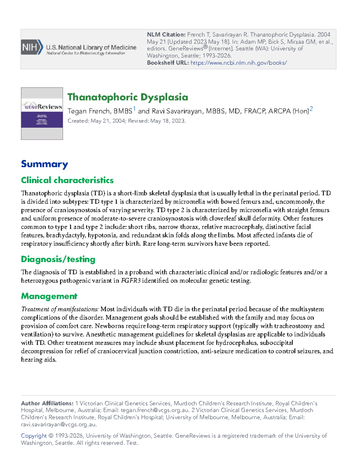 Thanatophoric Dysplasia Overview and Management (NLM Citation) - Studocu