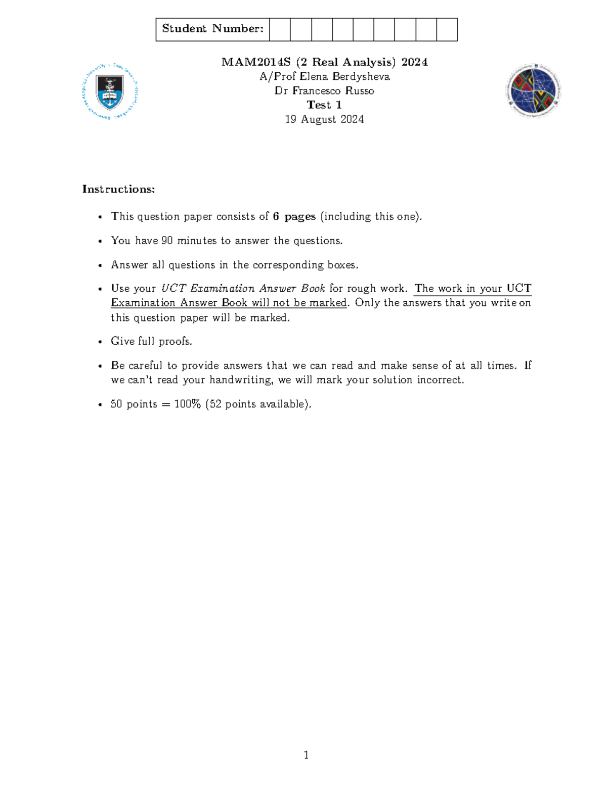 MAM2014S Real Analysis Test 1 Solutions - August 2024 - Studocu
