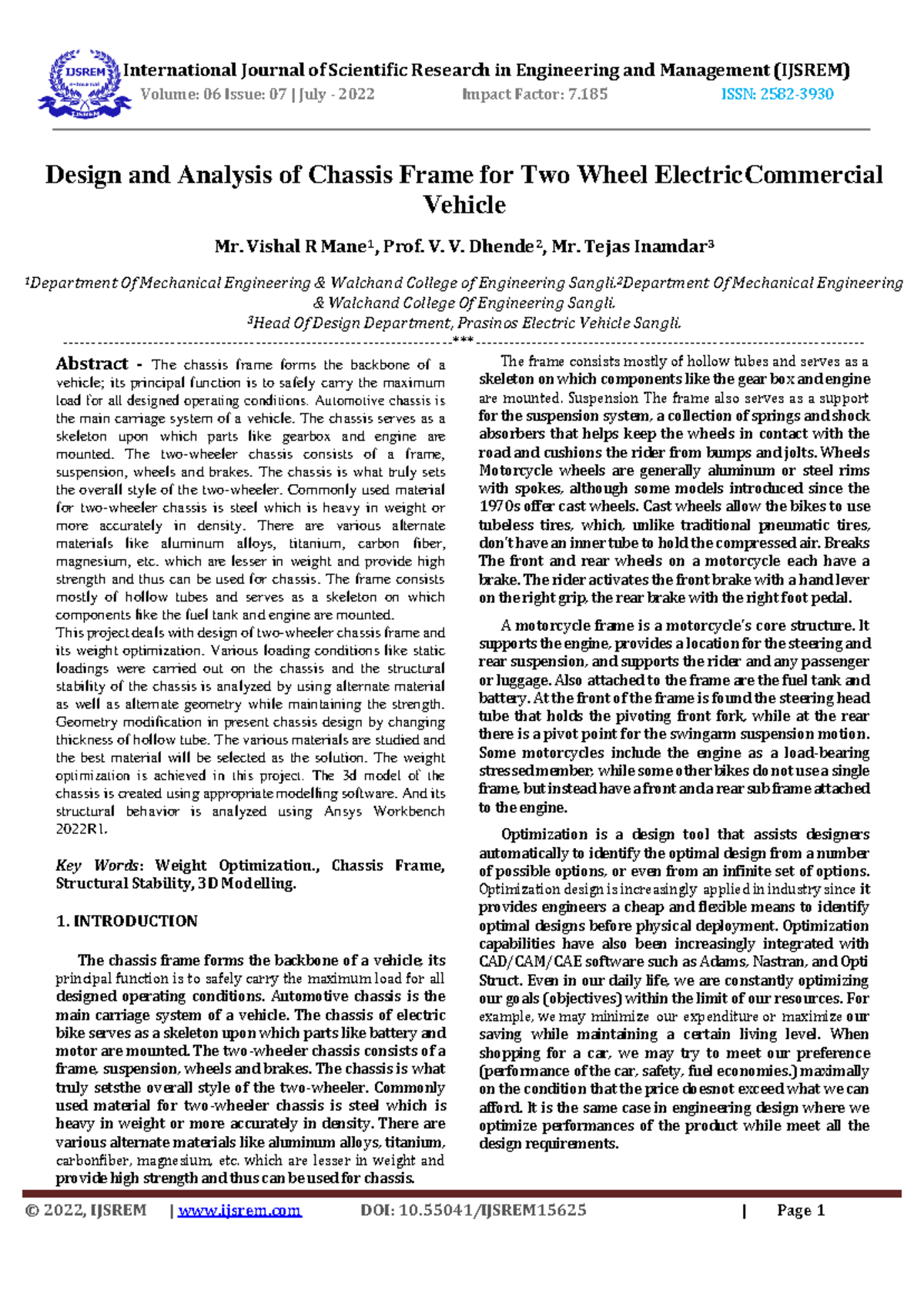 Design and Optimization of Two-Wheeler Chassis Frame for E-Vehicles ...