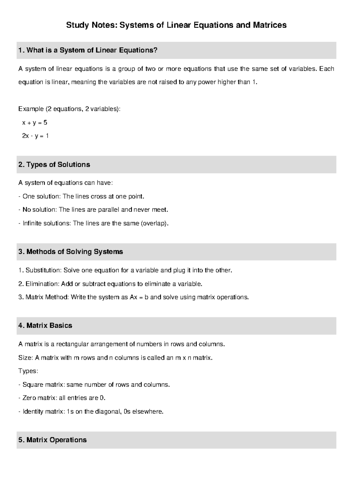 Study Notes: Systems of Linear Equations & Matrices (MATH 101) - Studocu