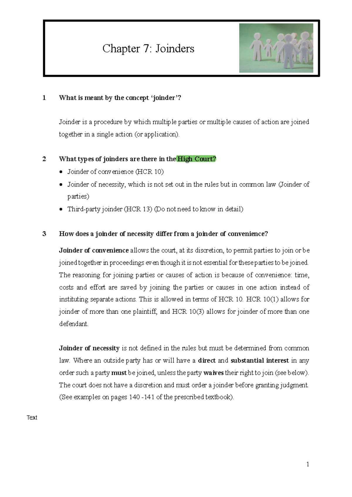 Civil Procedure Notes on Joinders (HCR & MCR) - Chapter 7 Overview ...