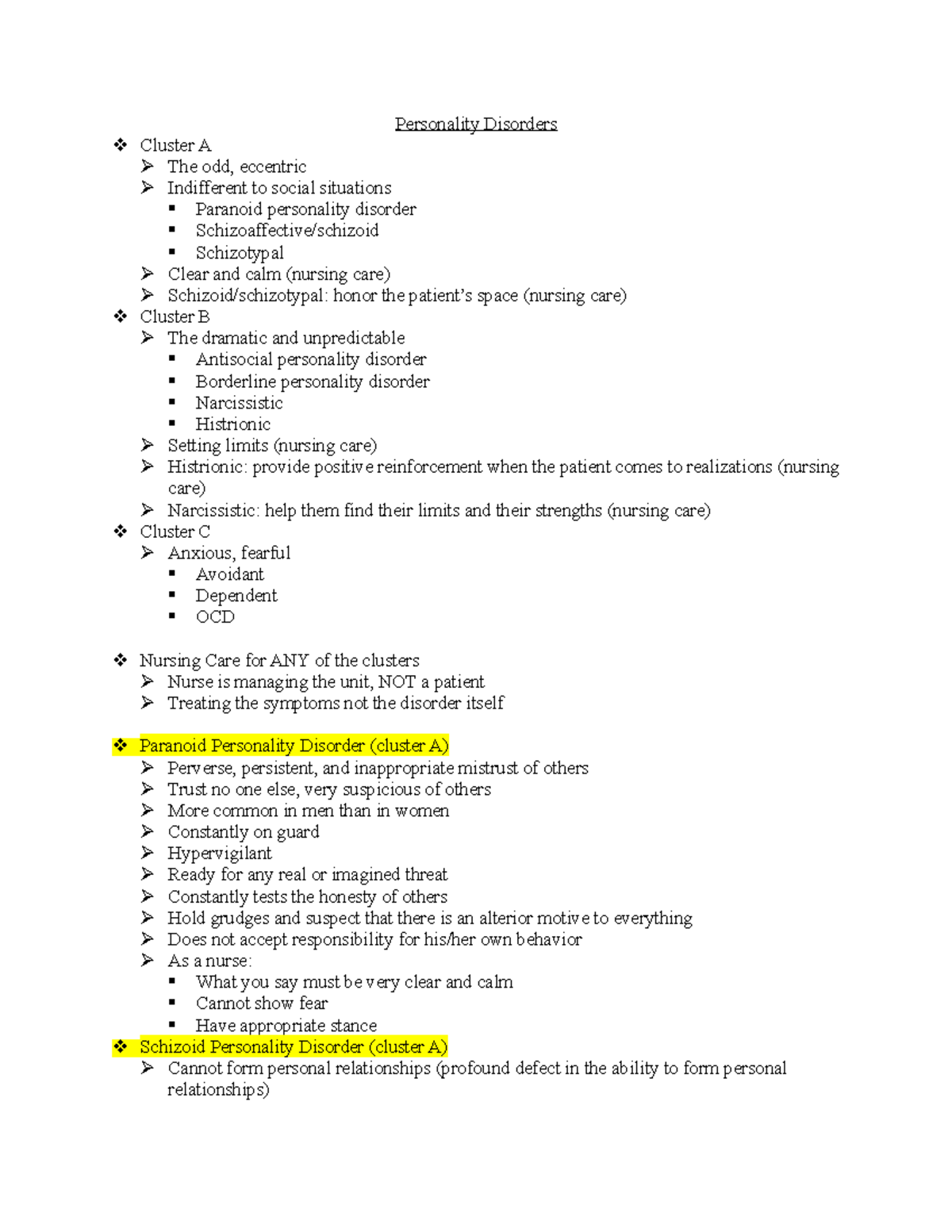 NUR356 Personality Disorders and Nursing Care Overview - Studocu