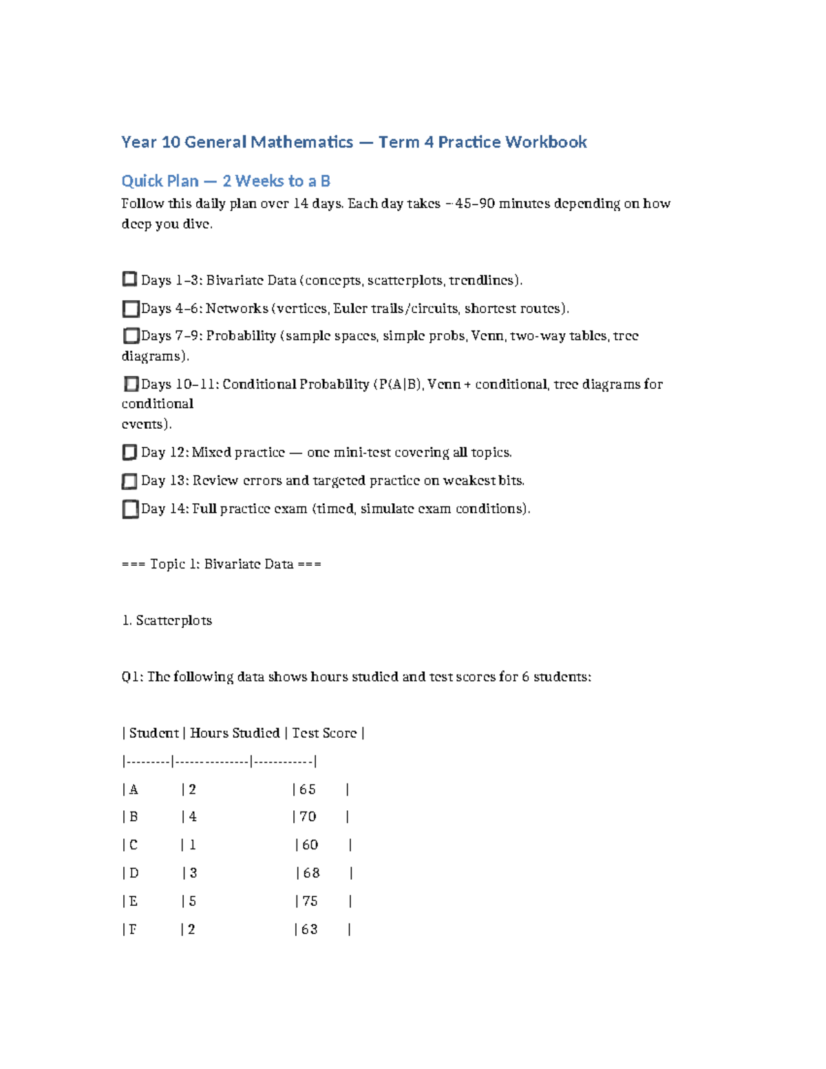 Year 10 General Maths Term 4 Practice Workbook: Bivariate Data - Studocu