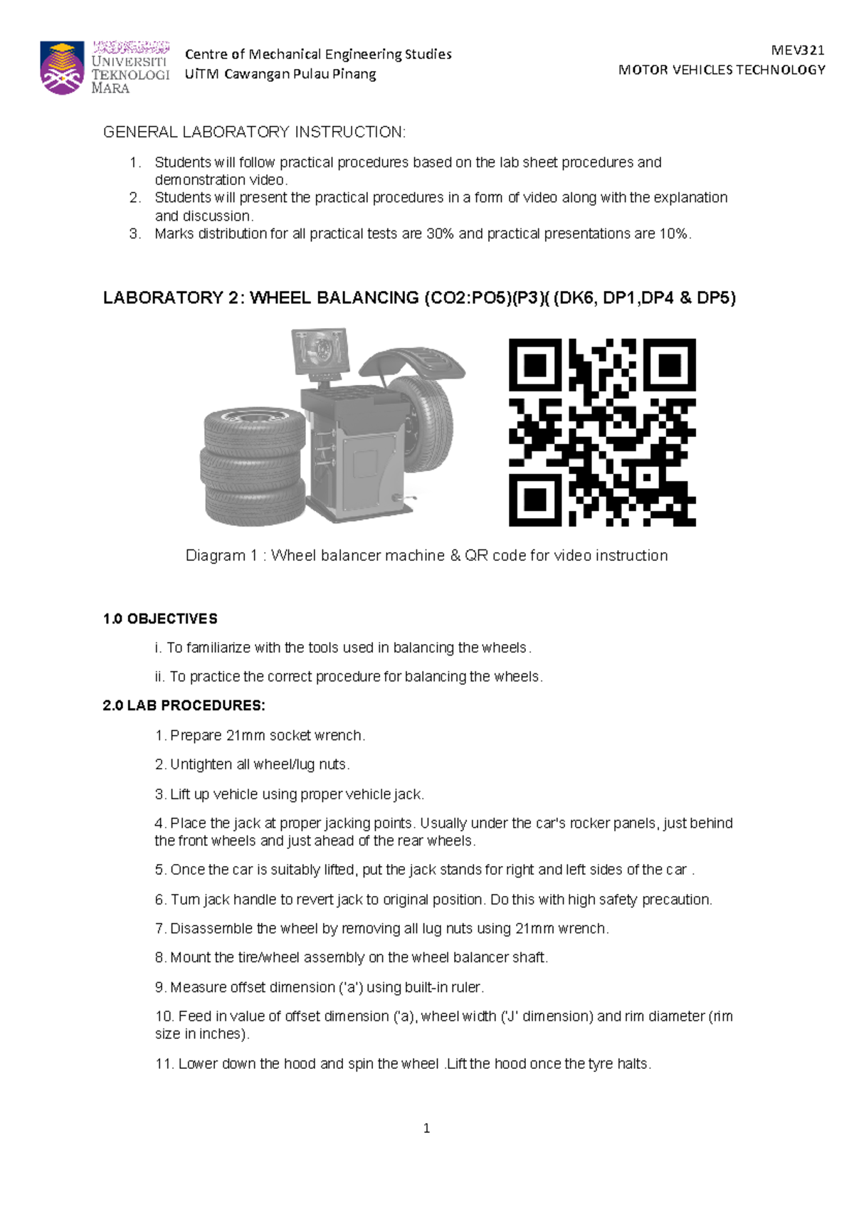 LAB Sheet - Wheel Balancing - 1 Centre of Mechanical Engineering ...