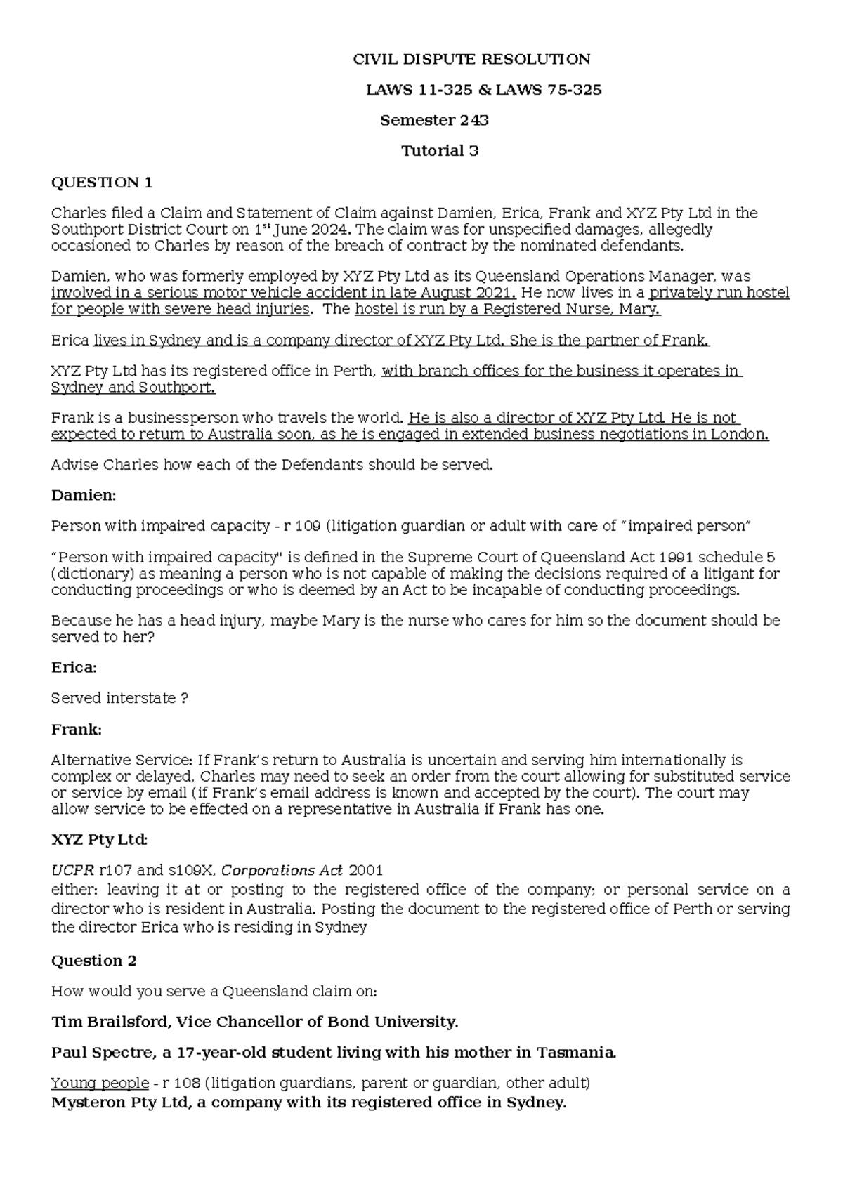 CIVIL DISPUTE RESOLUTION TUTORIAL 3 - LAWS 11-325 & 75 - Studocu