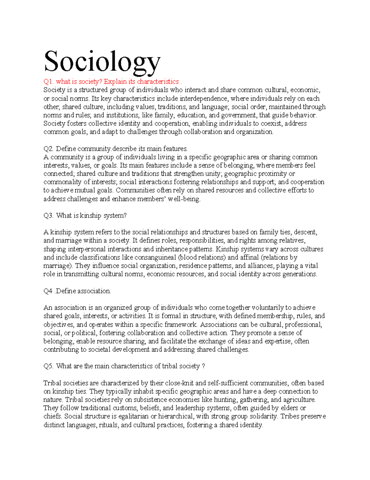 Sociology - important questions - Sociology Q1. what is society ...