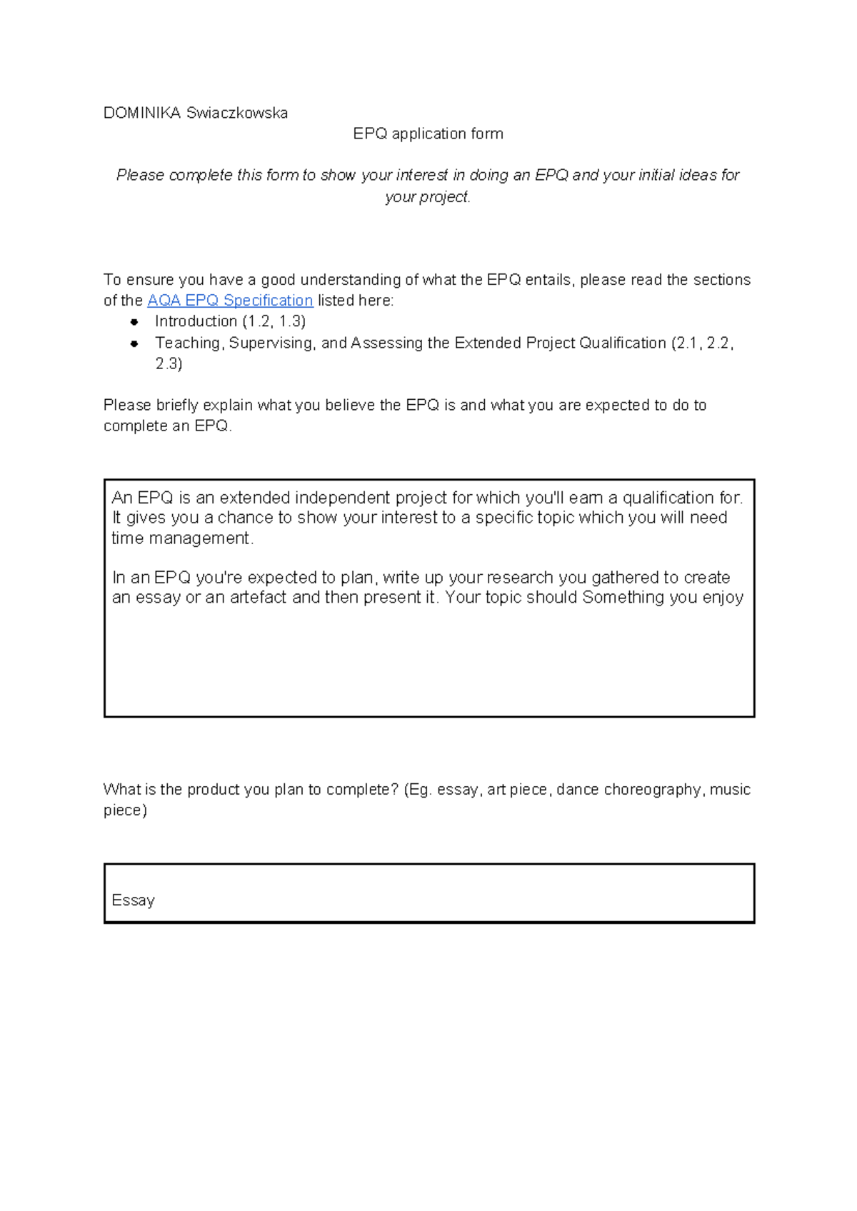 EPQ Application Form: Exploring the Impact of Covid-19 on Our ...