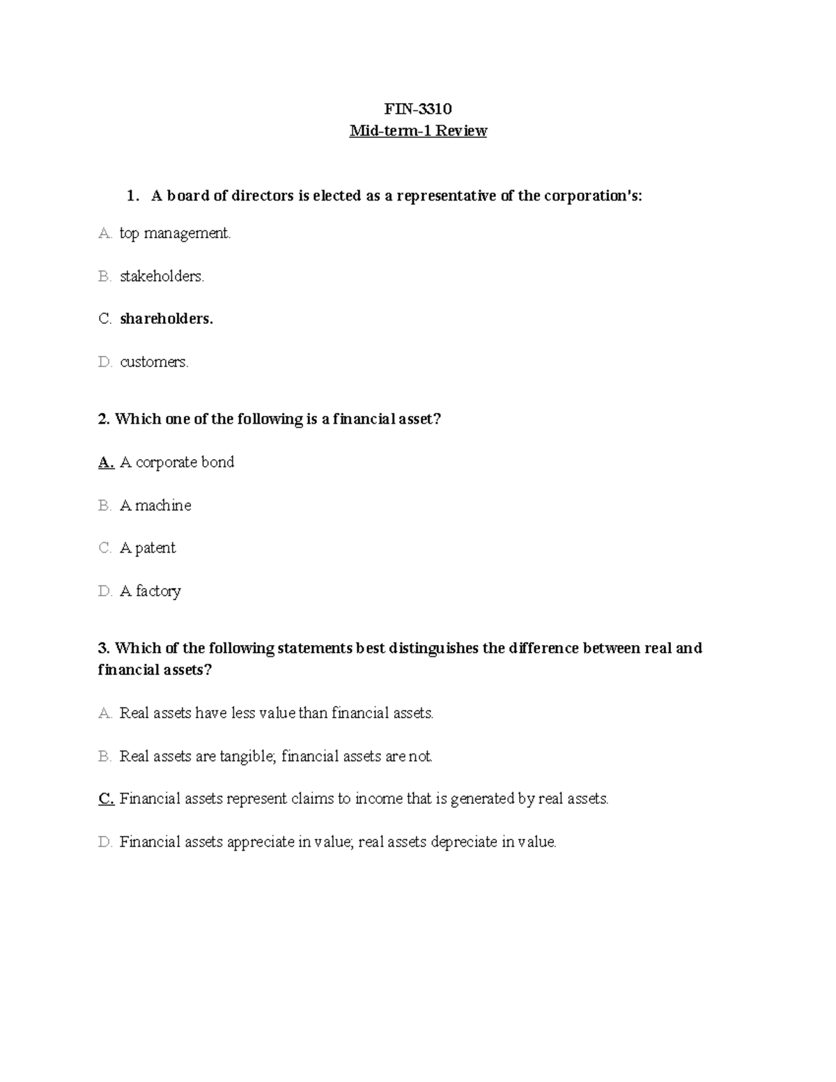 FIN-3310 Midterm Exam Review: Key Concepts & Calculations - Studocu