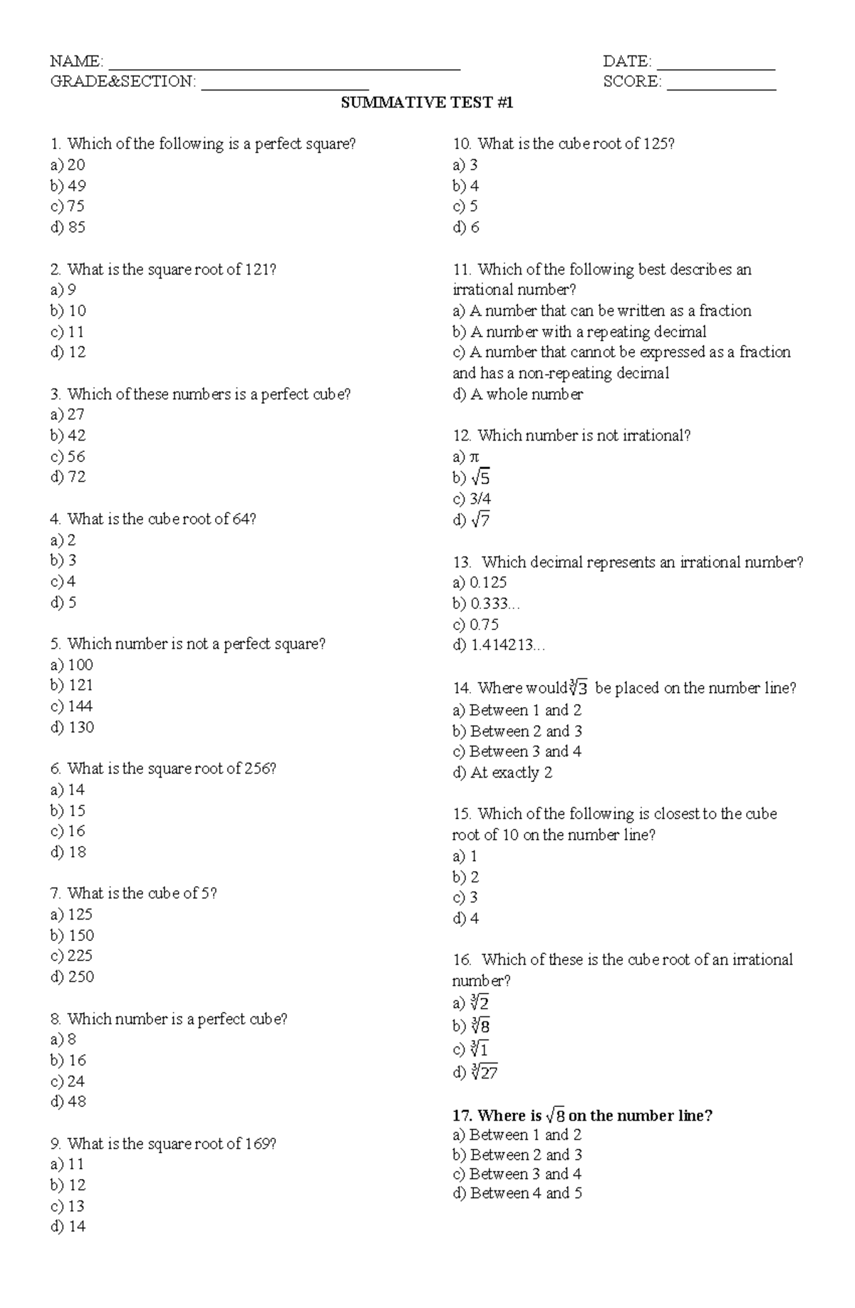 SUM1-Q2-G7 - Summative test in Mathematics Grade 7 Quarter 2 - NAME ...