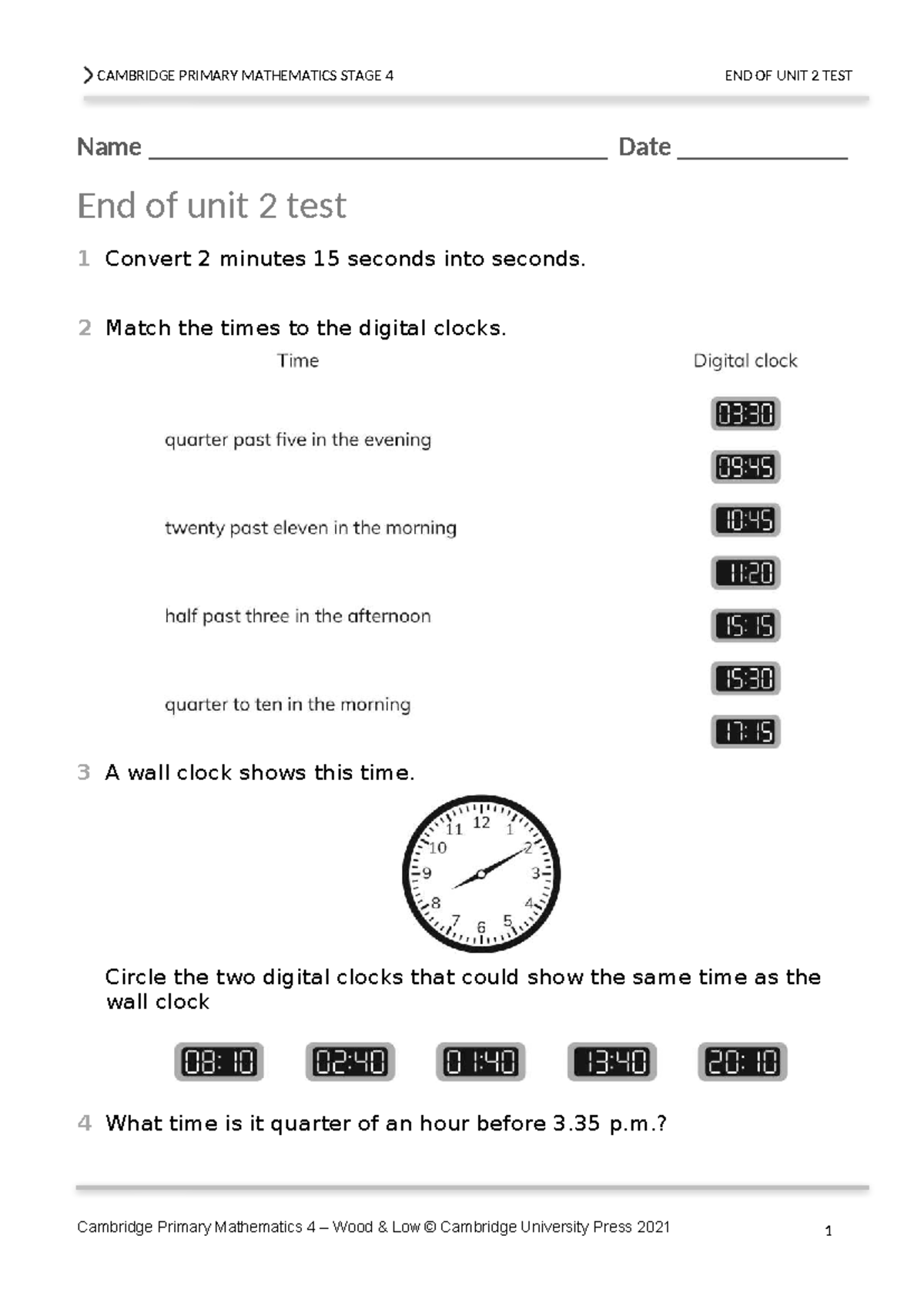 CAMBRIDGE PRIMARY MATHEMATICS STAGE 4 END OF UNIT 2 TEST - Studocu