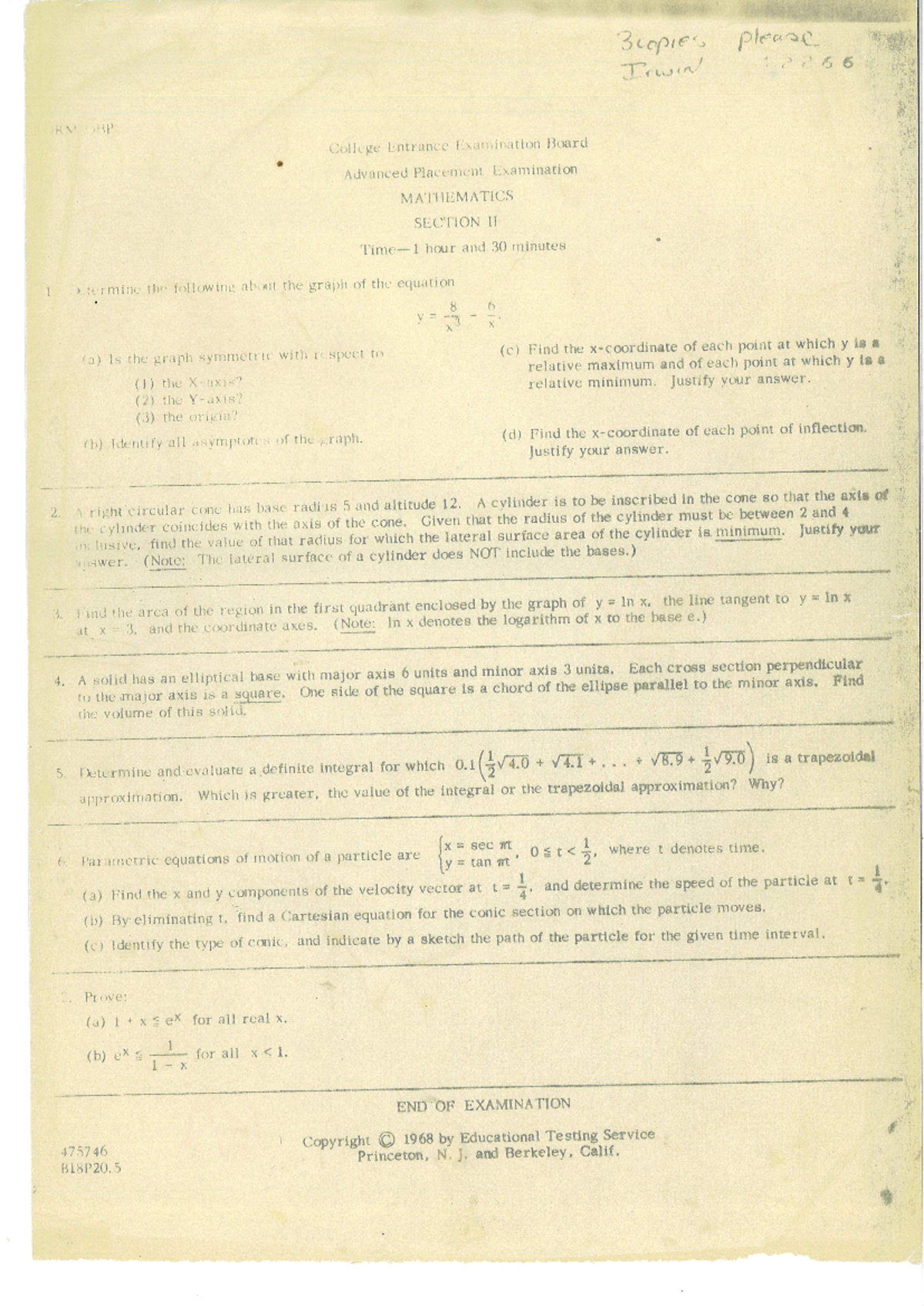 AP calculus AB 1968 Paper - 3copies please Irwin 12266 BB College ...
