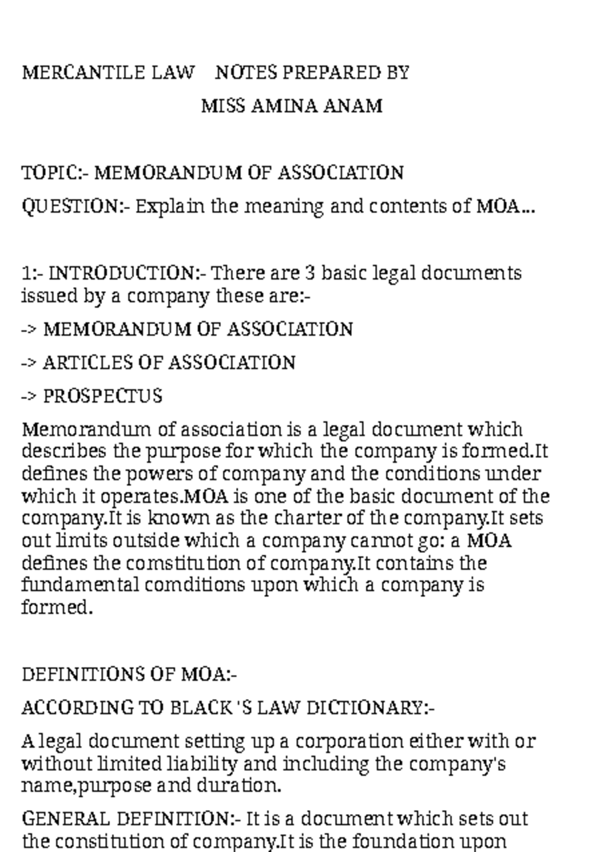 LAW NOTES: MEMORANDUM OF ASSOCIATION (MOA) EXPLAINED - Studocu