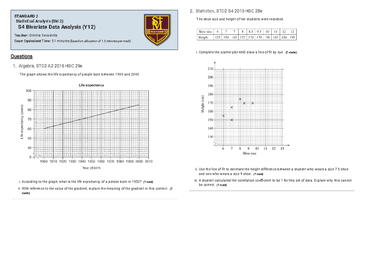 HSC Statistics Exam Q & A: Bivariate Data Analysis (STD2 S4) - Studocu