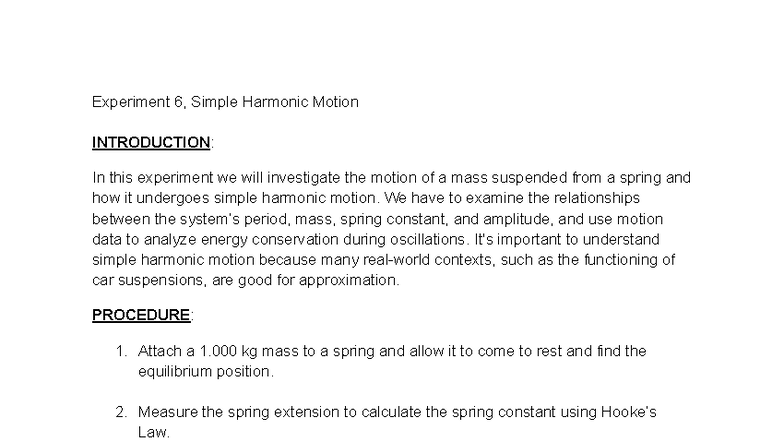 Experiment 6 - Simple Harmonic Motion Analysis and Findings - Studocu